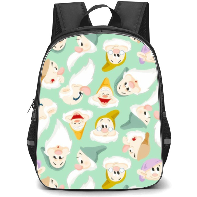 Snow White Backpack StudentPack - 7 Dwarfs Pattern In Green Background ...